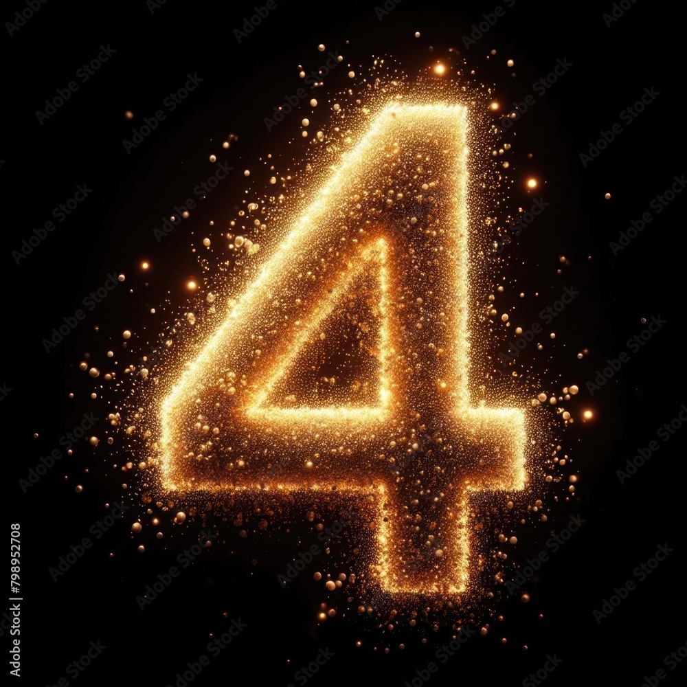 Golden glowing number "4" (FOUR) isolated against a black background ...