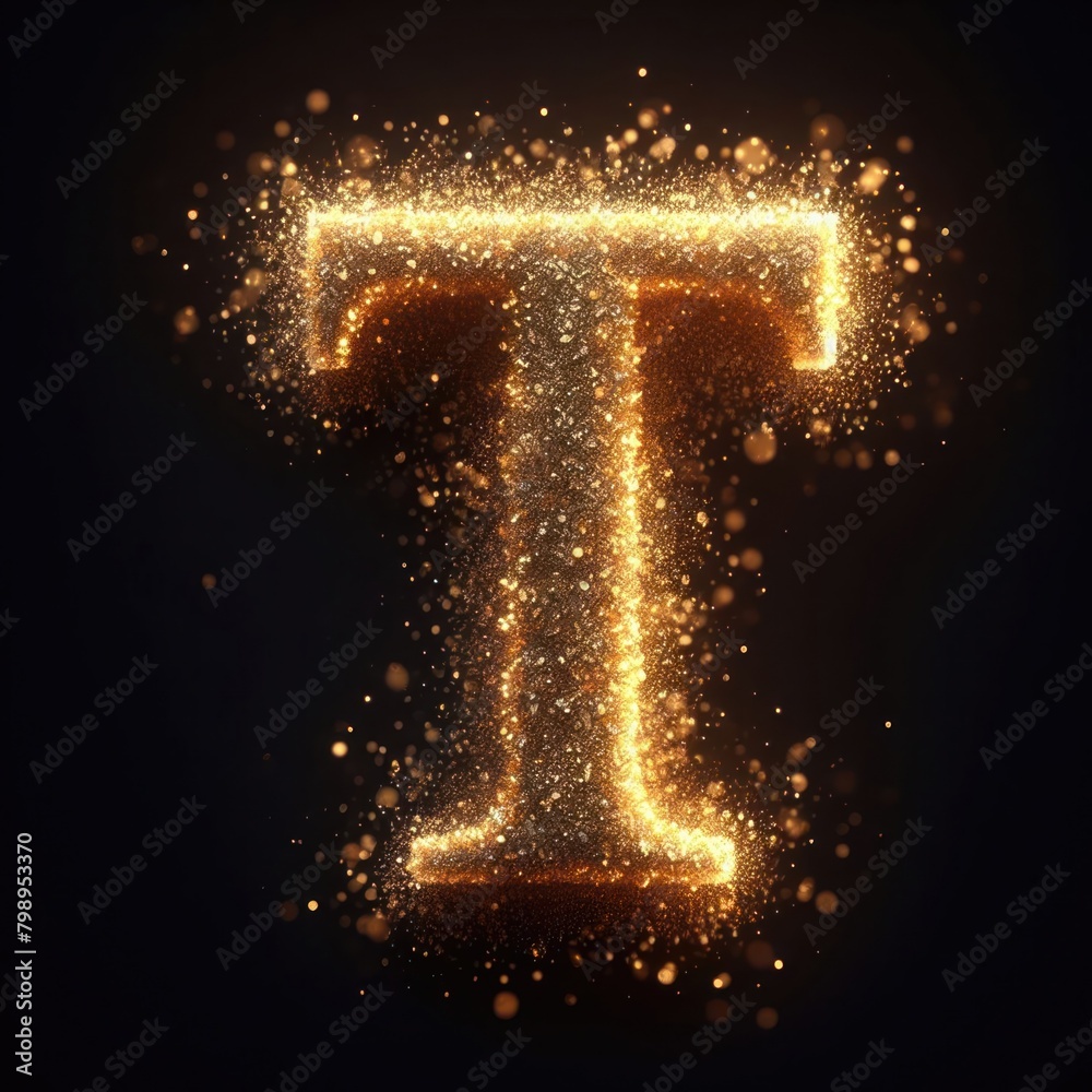 Golden glowing letter "T" isolated against a black background. Gold glitter alphabet set ...