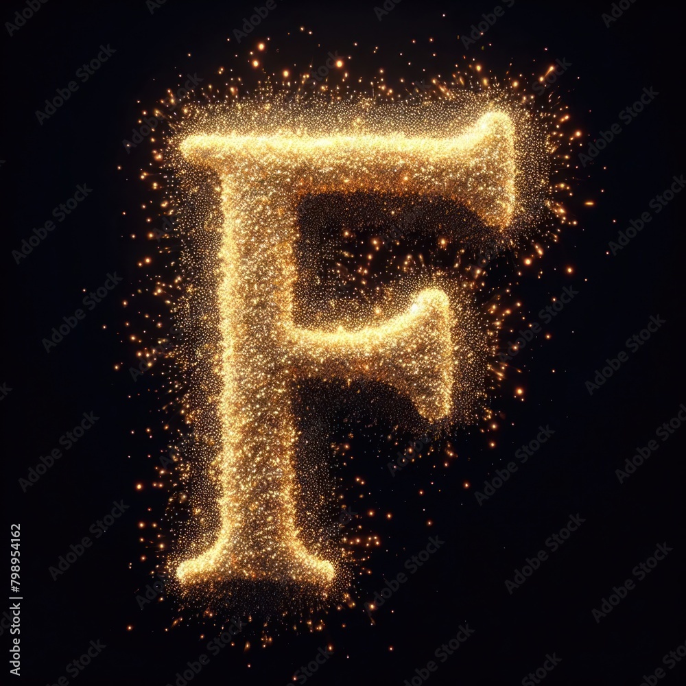 Golden glowing letter "F" isolated against a black background. Gold ...