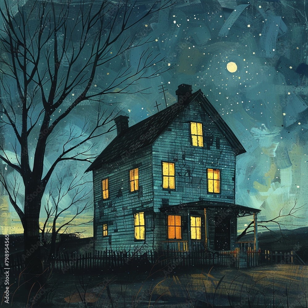 Creepy old house with boarded windows and moonlight casting shadows ...