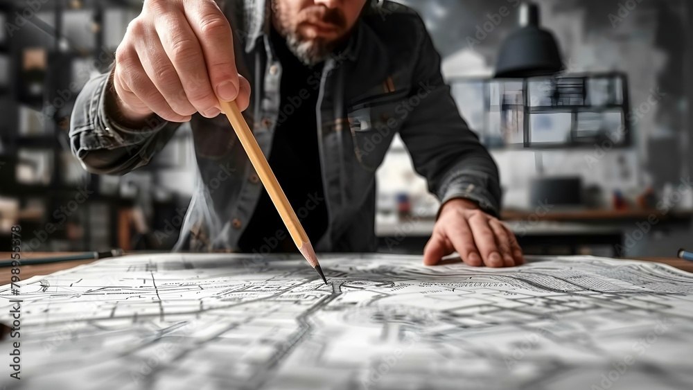 Man Using A Pencil To Indicate On A Cadastral Map For Making Real Estate Decisions Concept Real