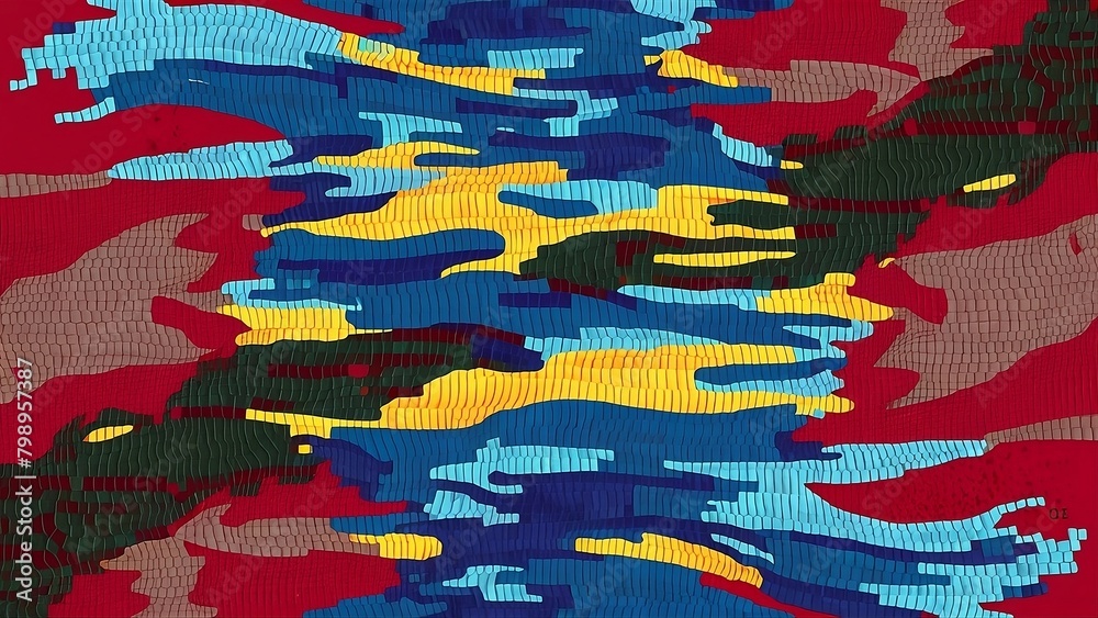 A blue and yellow camouflage pattern on red, in the style of animated ...