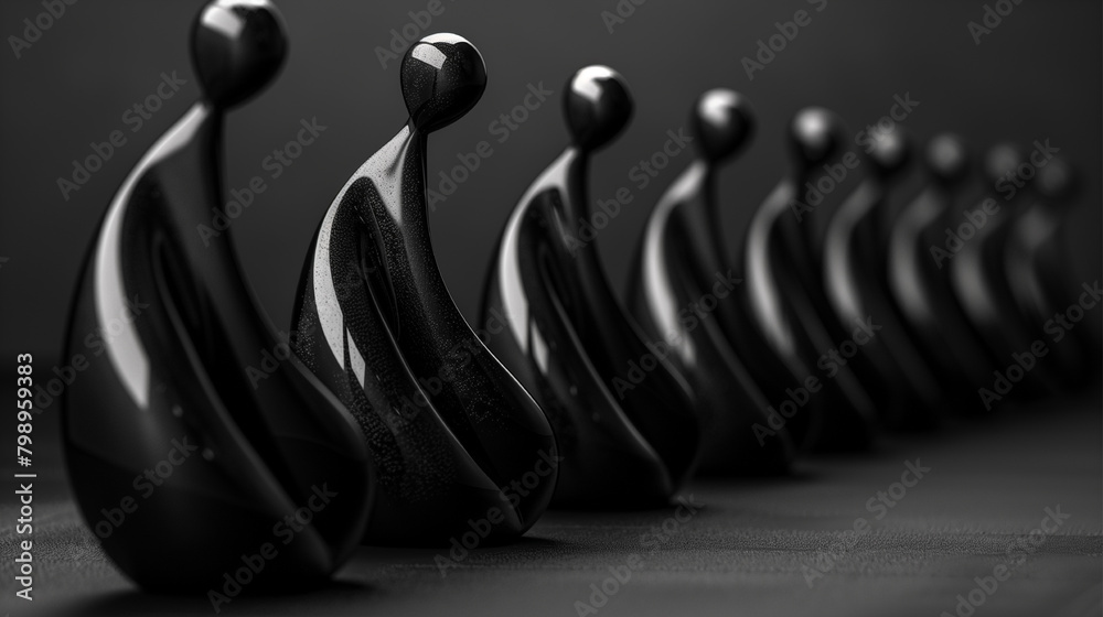 A row of black statues of people standing in a line. The statues are ...