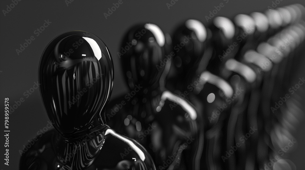 A row of black statues of people standing in a line. The statues are ...