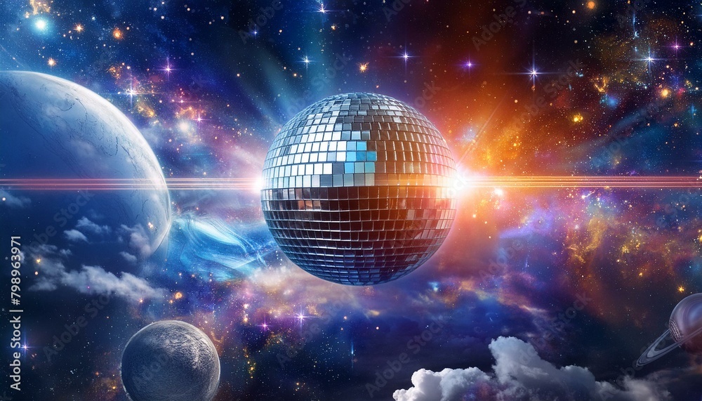 Design an imaginative composition featuring a disco ball surrounded by ...