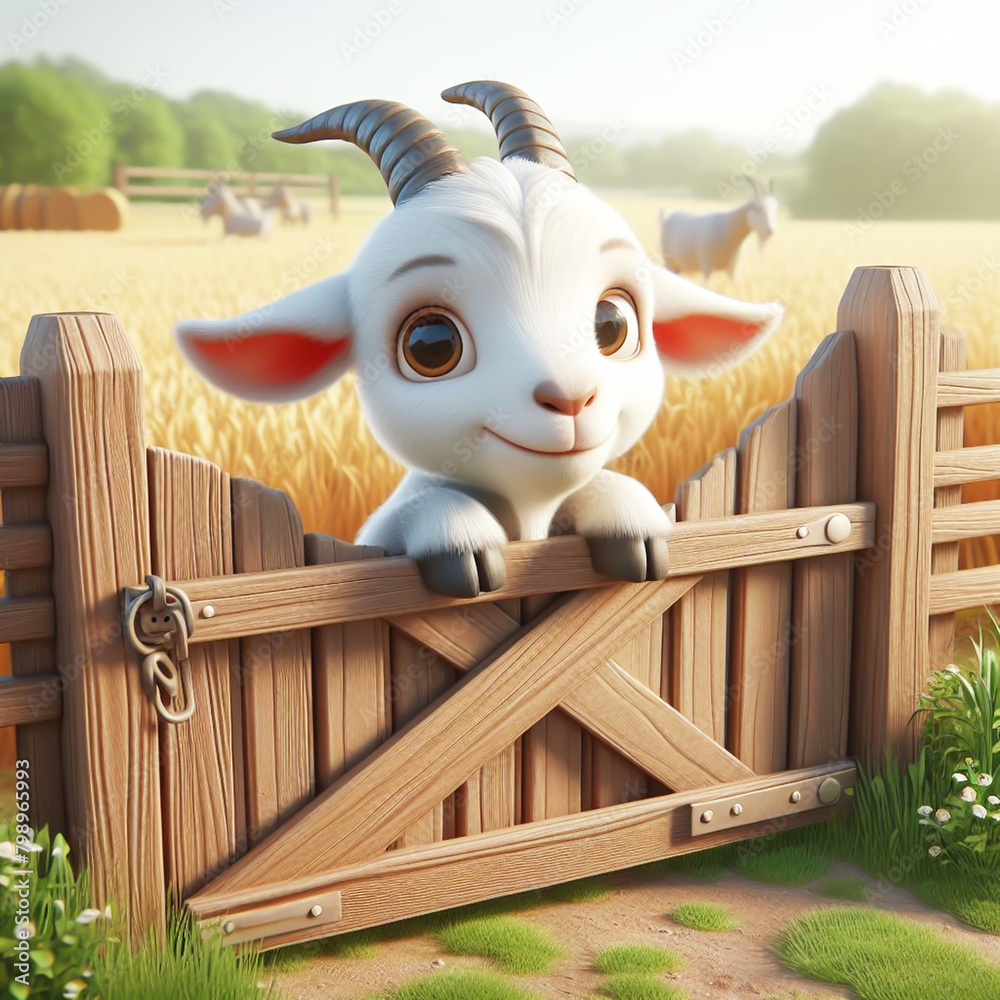Adorable cartoon goat peeking at the farm gate Stock Illustration ...