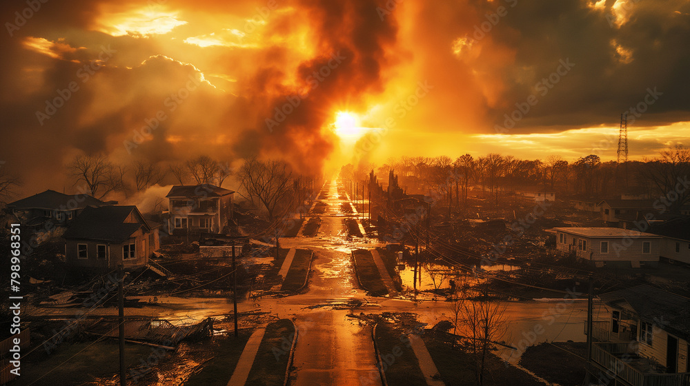 A wide shot depicts the end times, showing an American town destroyed ...