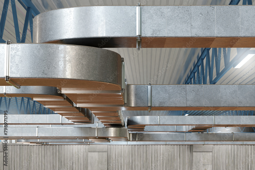 Ventilation shafts under ceiling. Aluminum pipes for air regulation ...