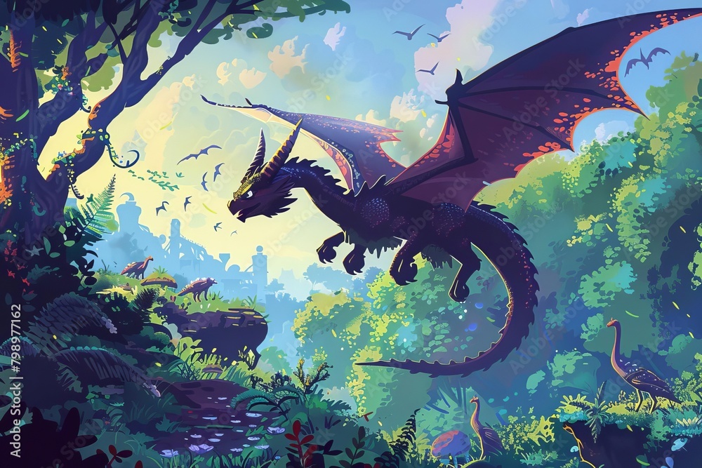 Capture the essence of a wise Dragon flying over an enchanted forest ...