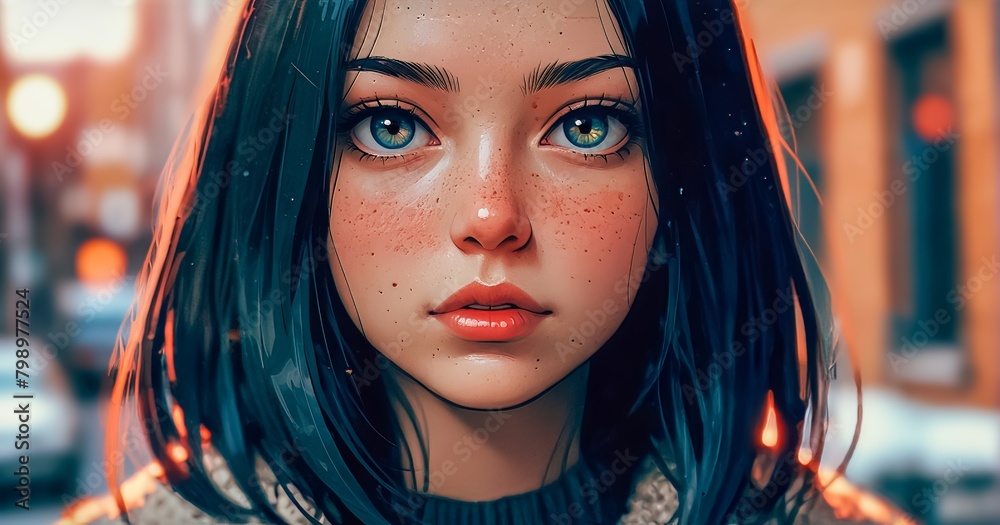 Photo Illustration Of A Beautiful Anime Girl With Black Hair And Freckles A Girl With Big Blue
