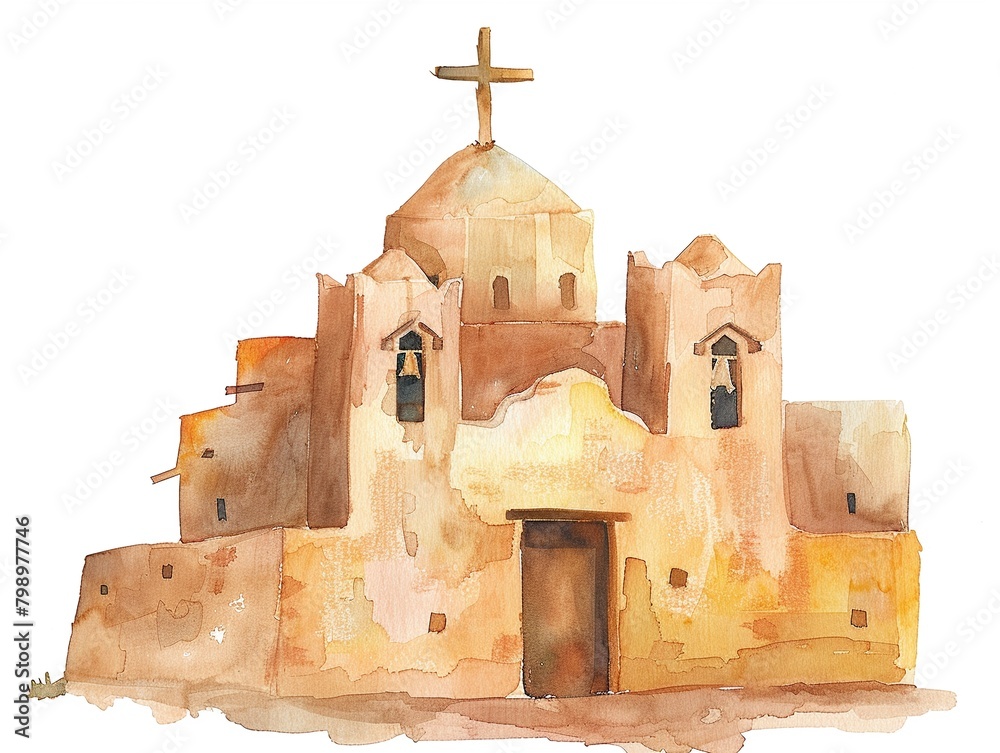 Watercolor clipart of a Christian mission church adobe walls Stock ...