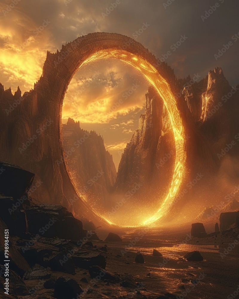 Time portal, ancient runes activation, sunset, time travel gateway ...