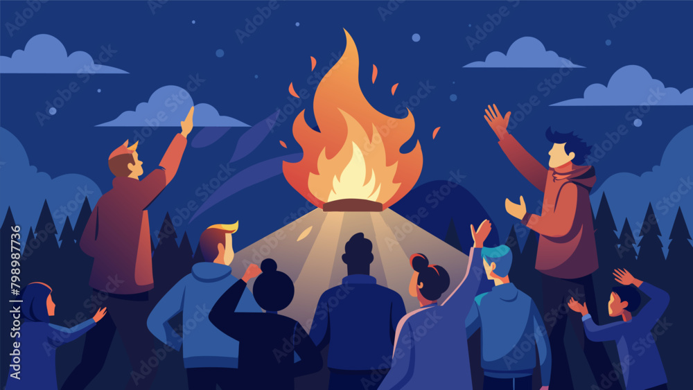 The soft glow of a freedom bonfire shining on a group of activists and ...