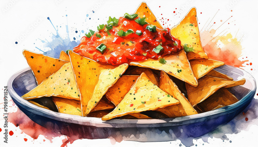 Watercolor painting of nachos with spicy salsa. Tasty fast food ...