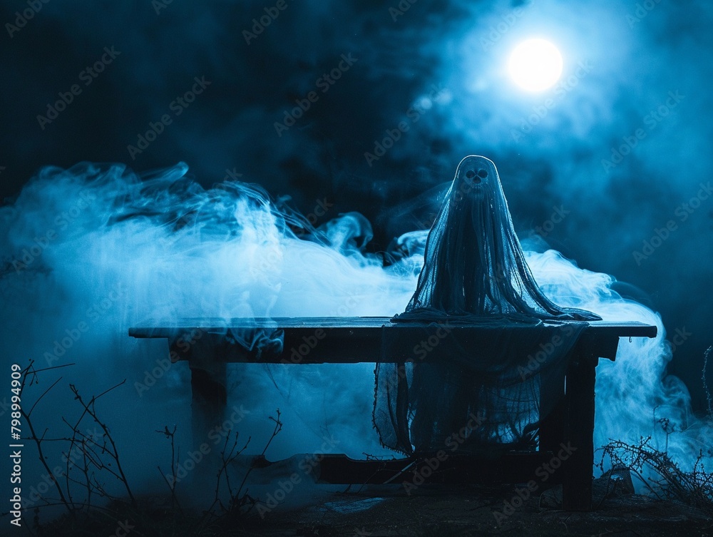 Craft a chilling scene of a spectral ghost emerging from a coffee table ...