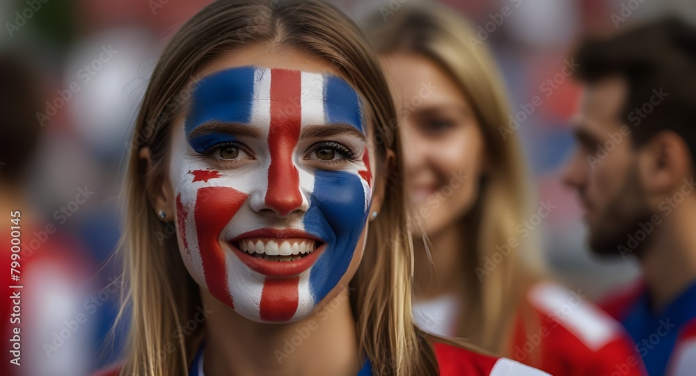 Happy CROATIA woman supporter with face painted in CROATIA flag ...