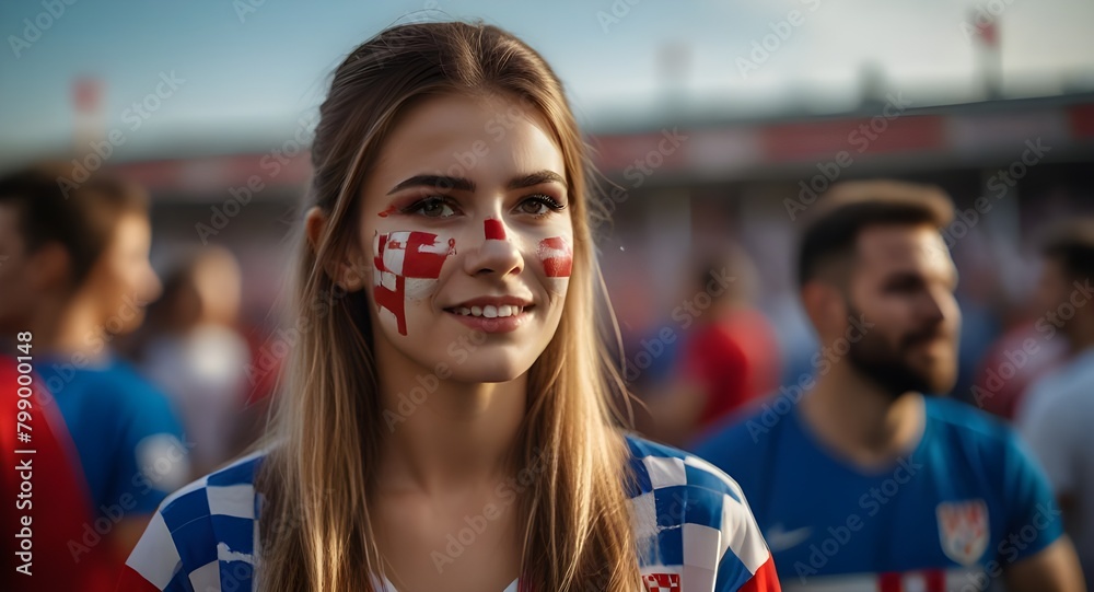 Happy CROATIA woman supporter with face painted in CROATIA flag ...