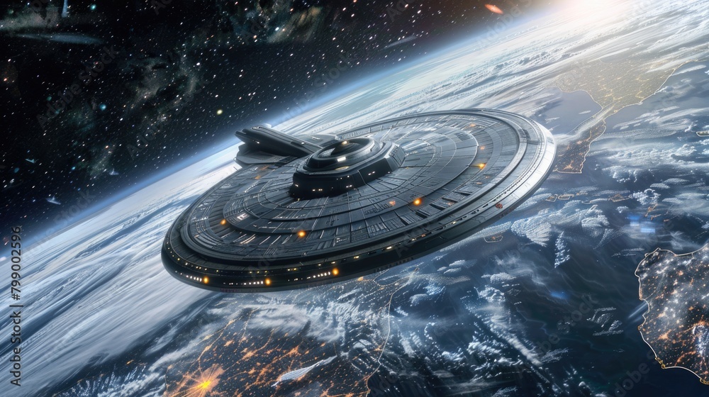 cinematic shot of an alien starship coming out of a interdimemsional ...