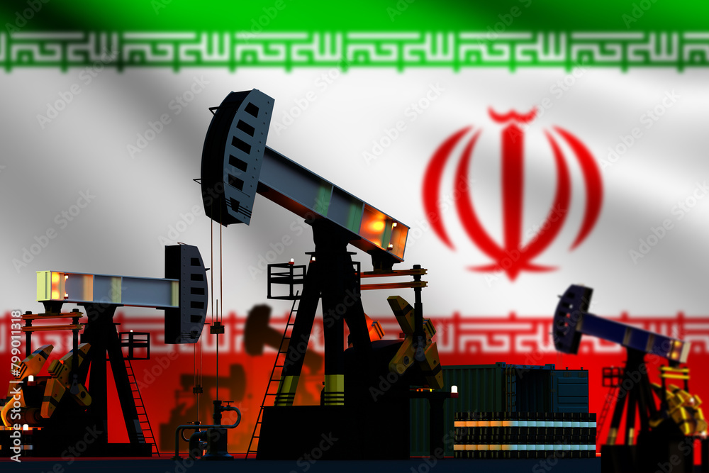 Oil industry of Iran. Petroleum mining derricks. National flag of Iran ...
