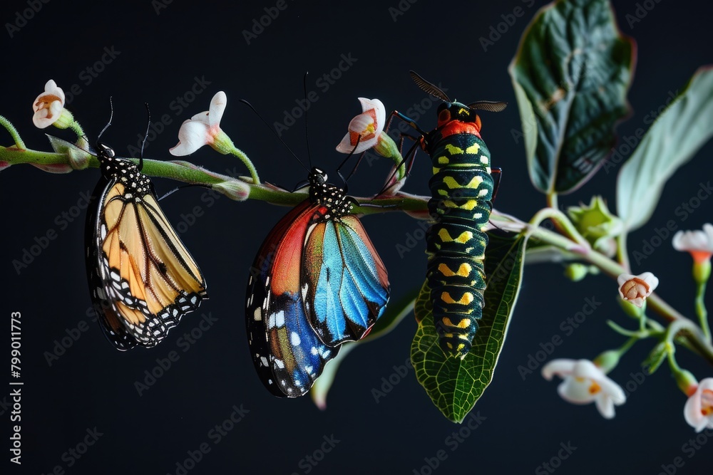 Create an image that represents: butterfly evolution phases, egg, larva ...