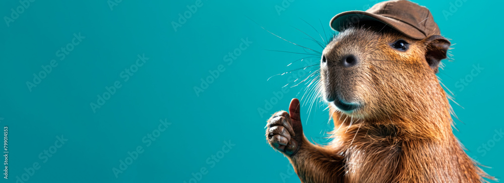Portrait of a happy capybara in a cap holding a thumbs up as a sign of ...