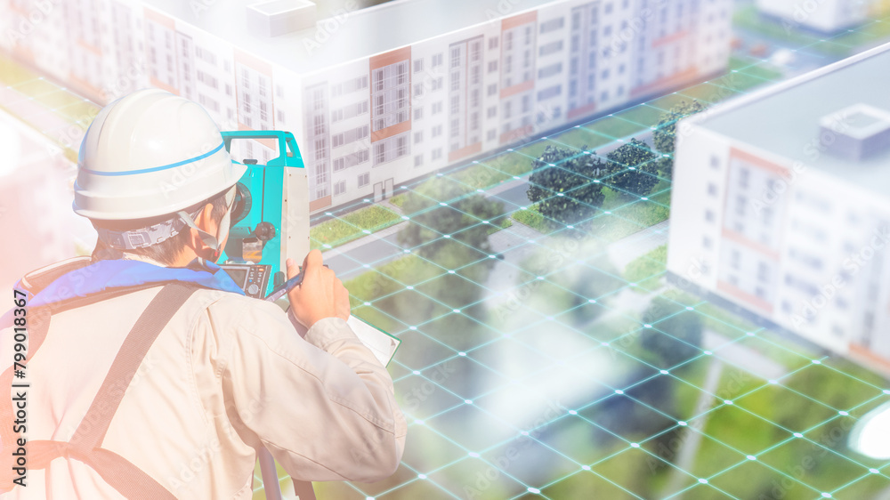 Man surveyor. Specialist with geodetic instrument. Construction worker ...
