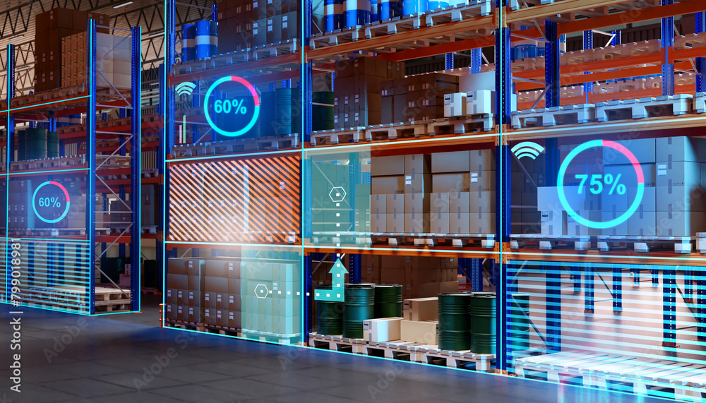 Futuristic warehouse. Retail company storage. Warehouse building with ...