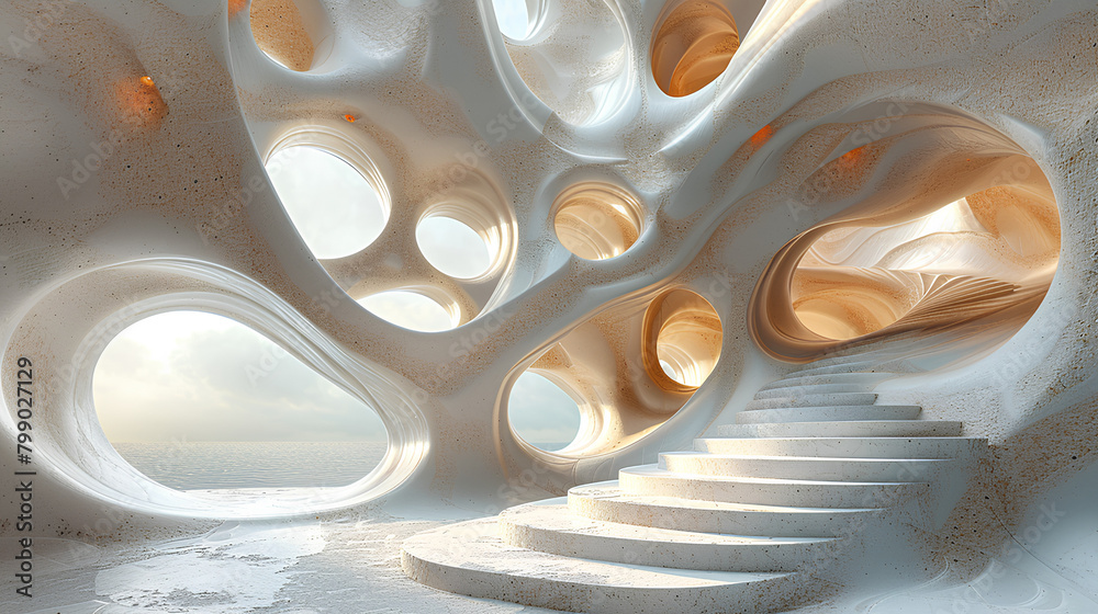 coral-like organic parametric structure interior design, white concrete ...