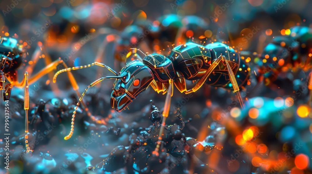 A swarm of robotic ants work in unison on a nanoconstruction site ...