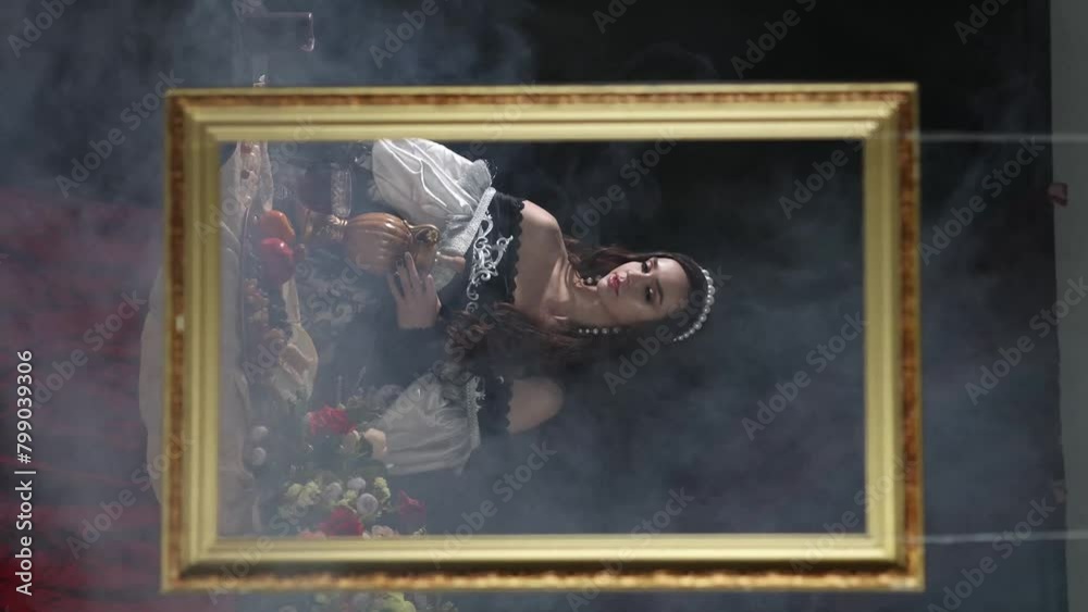 A woman in a Renaissance dress in a gold picture frame on a red ...