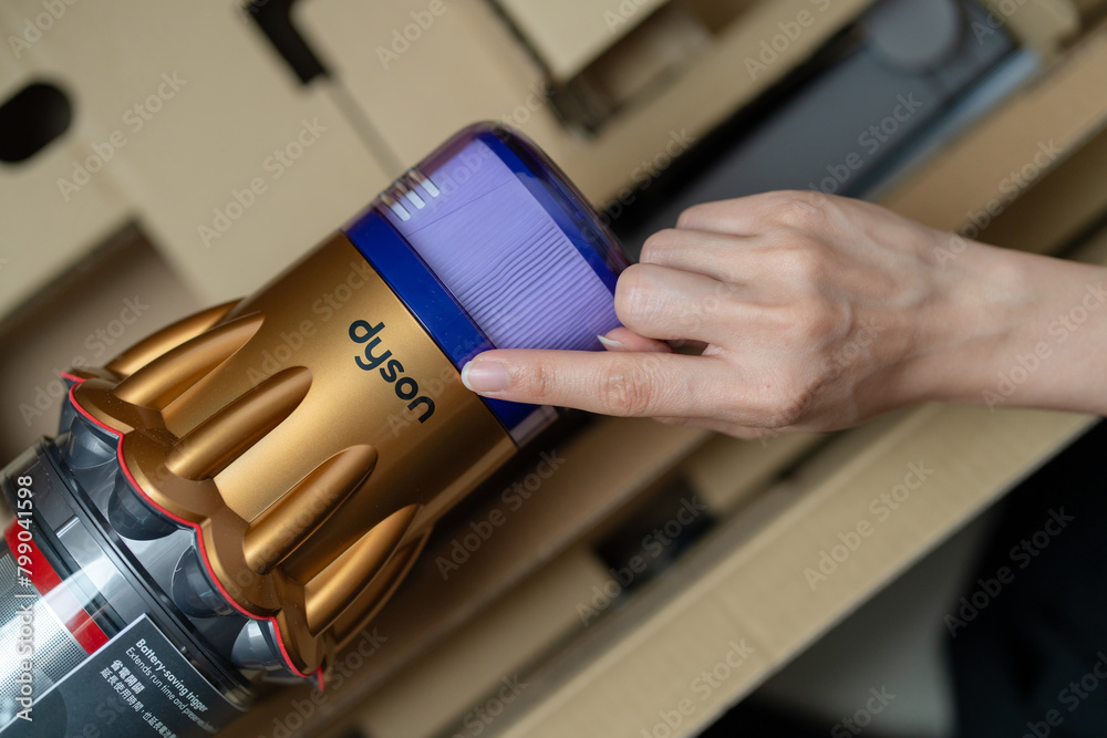 PENANG, MALAYSIA - APR 01, 2024: Lady’s hand pointing the Dyson logo of ...