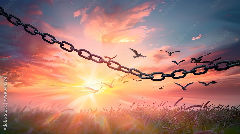 Broken chain at sunset symbolizing freedom and release. Vibrant sky ...