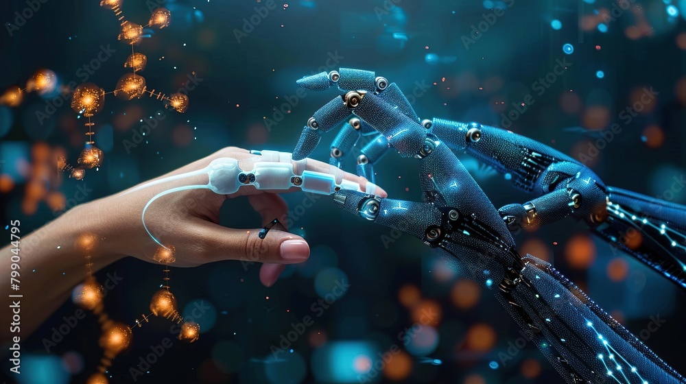 The future is now: a human hand and a robot hand touch, showing the ...