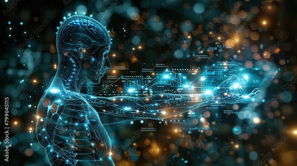 3D illustration of a digital human body with glowing blue and yellow ...
