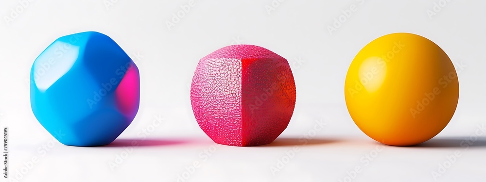 Three colored balls of different shapes, with one blue ball on the left ...