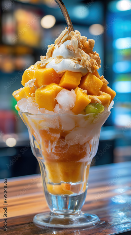 mango and coconut ice cream sundae with fresh sliced mango, cascading ...
