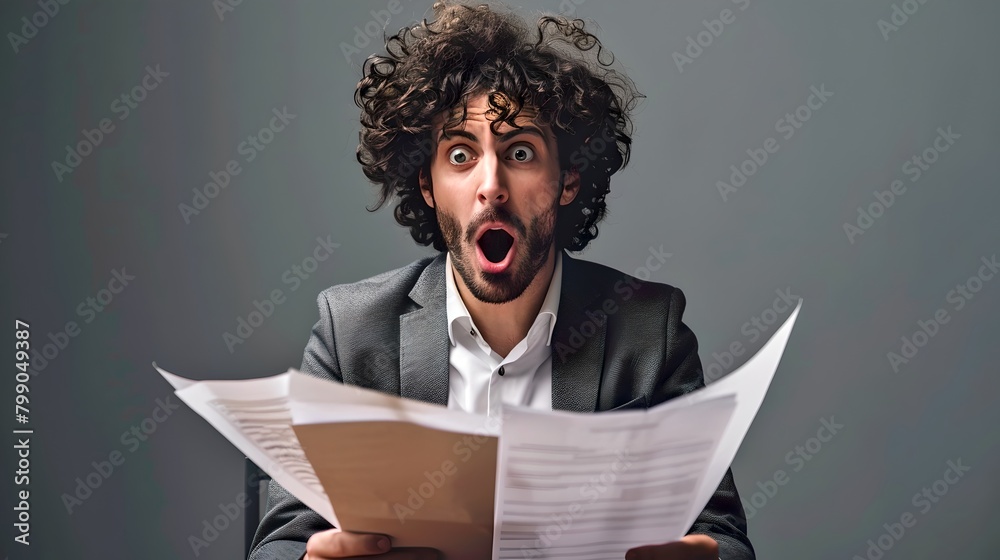Shocked Businessman with Papers Captures Surprise in Office Setting ...