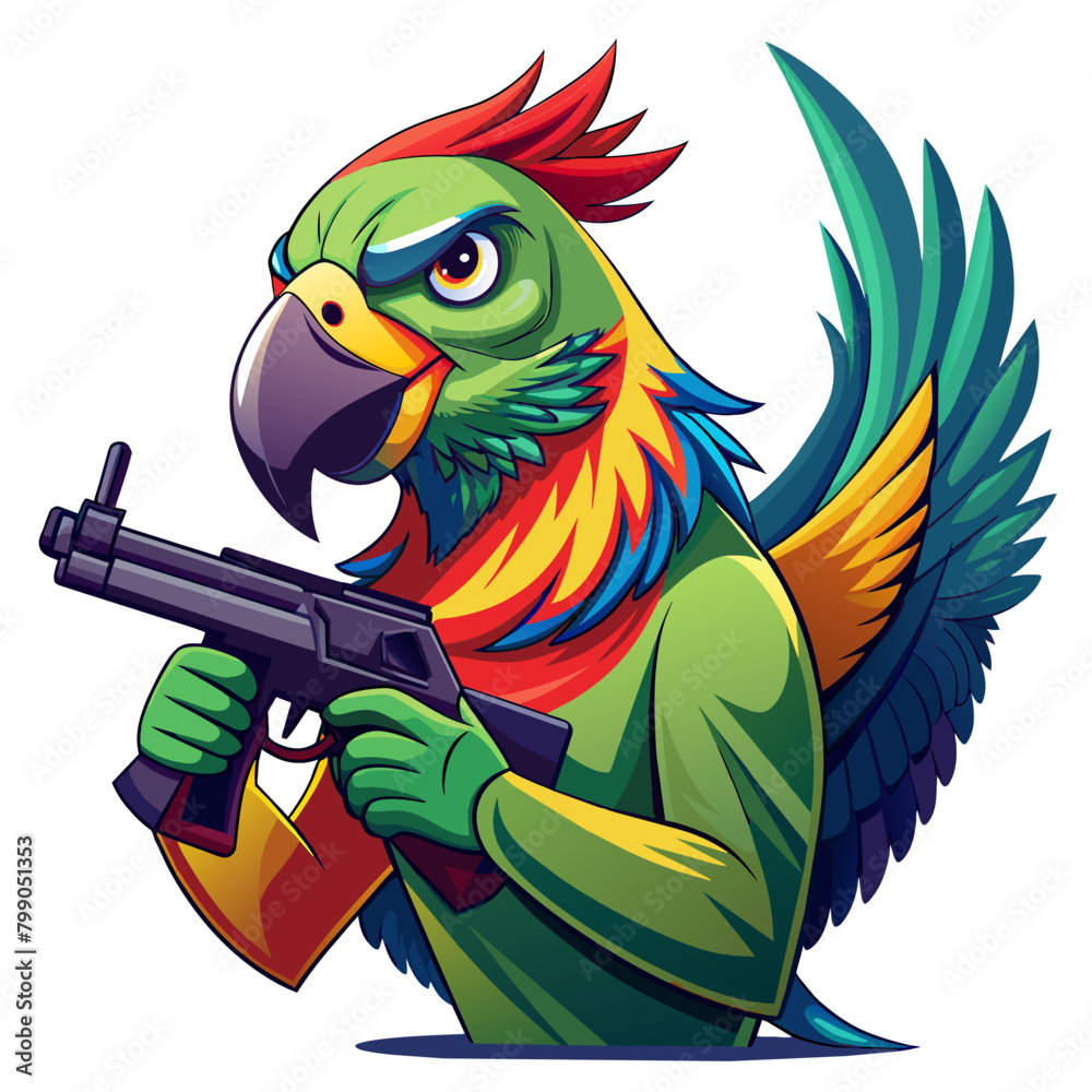 Vibrant parrot holding a sleek gun, capturing the juxtaposition of ...
