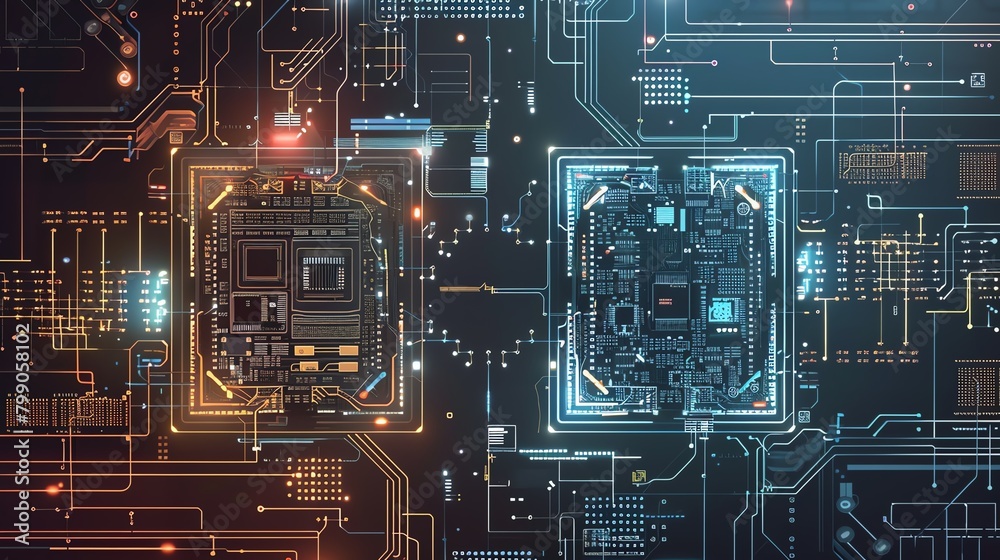 Detailed image of an electronic circuit board with glowing elements ...