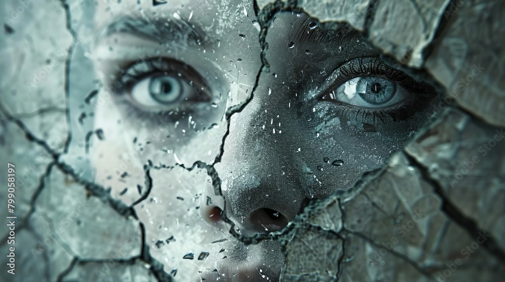 Reflection in a cracked mirror showing a distorted, ghostly face that ...