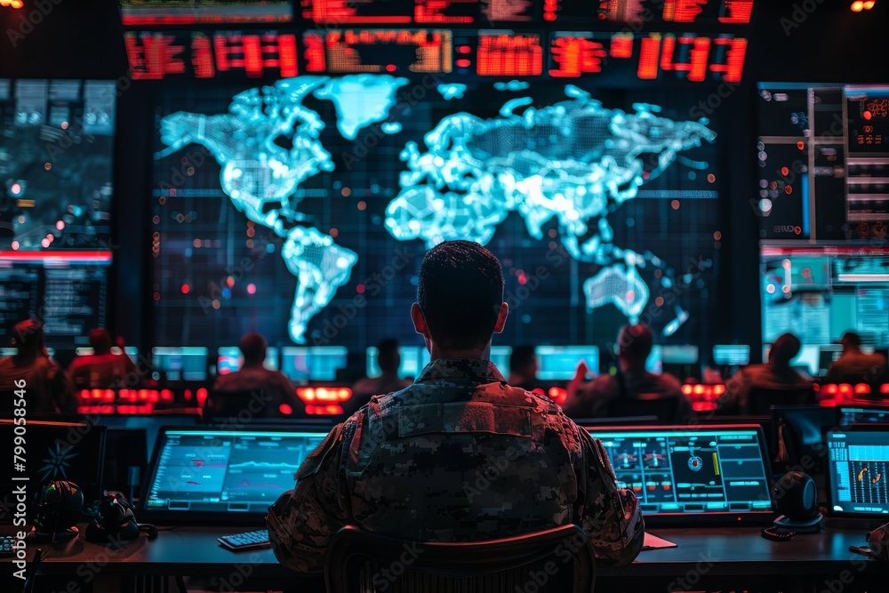 A command center during a missile test, with screens displaying ...