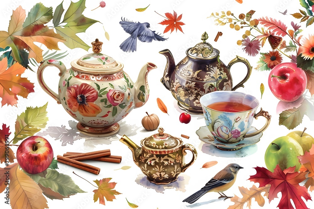 Watercolor Cinnamon Apple Tea Clipart, autumn gold tea cups, garden tea ...