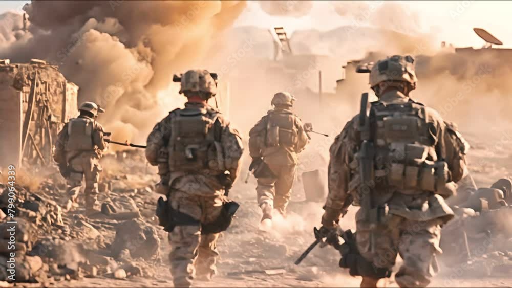 Warzone scene with special forces soldiers, viewed from the back, in ...