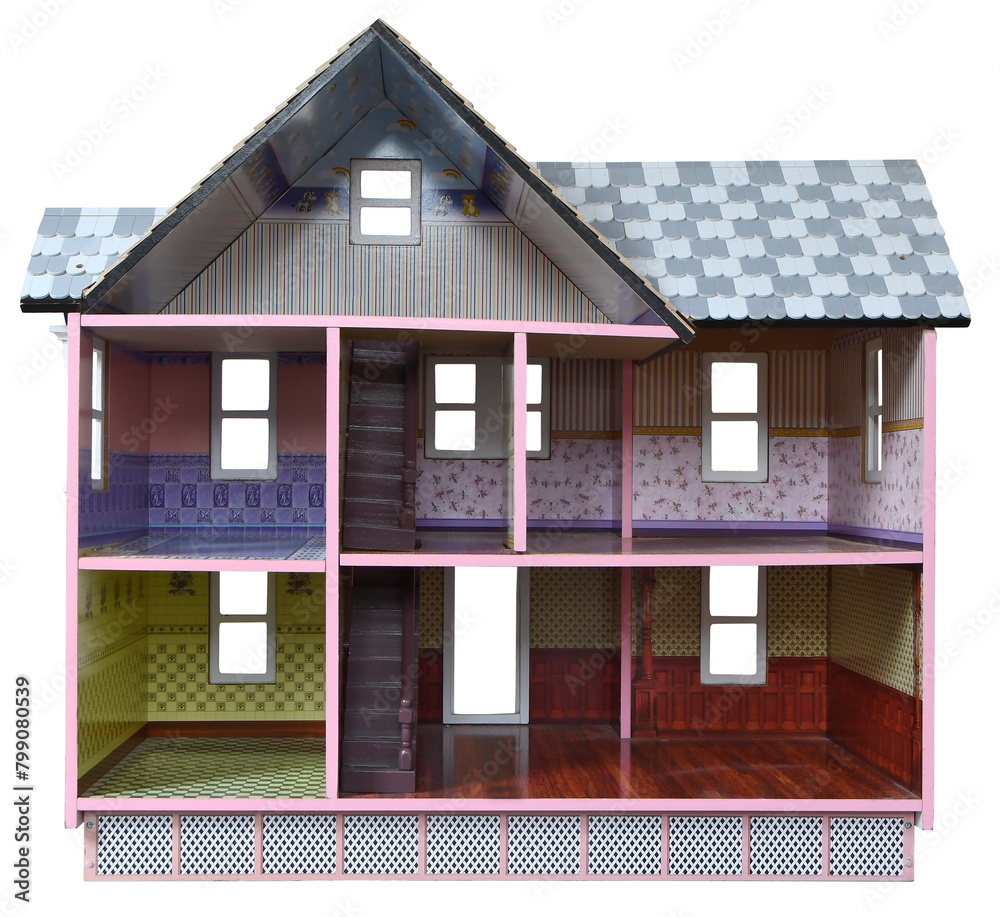 open front elevation showing the interior of an empty colorful dolls ...