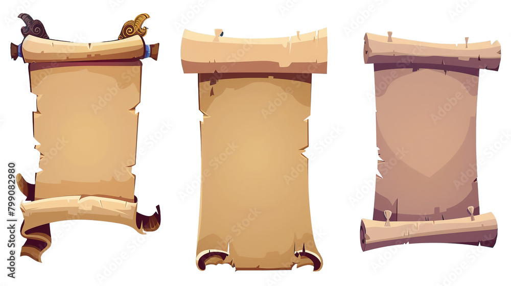 Parchment scroll and long ribbon with empty space for text. Magic game ui icons and assets of ...