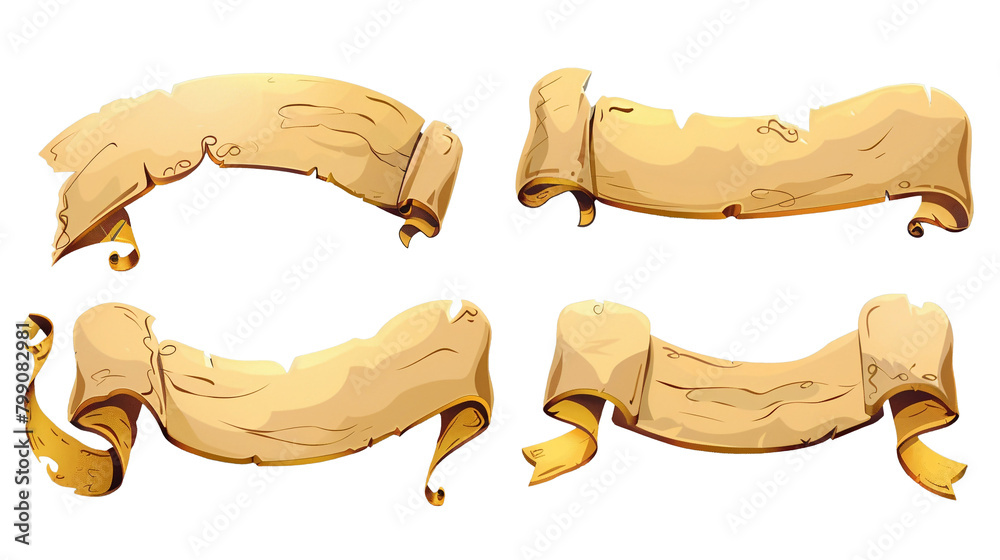 Parchment scroll and long ribbon with empty space for text. Magic game ui icons and assets of ...