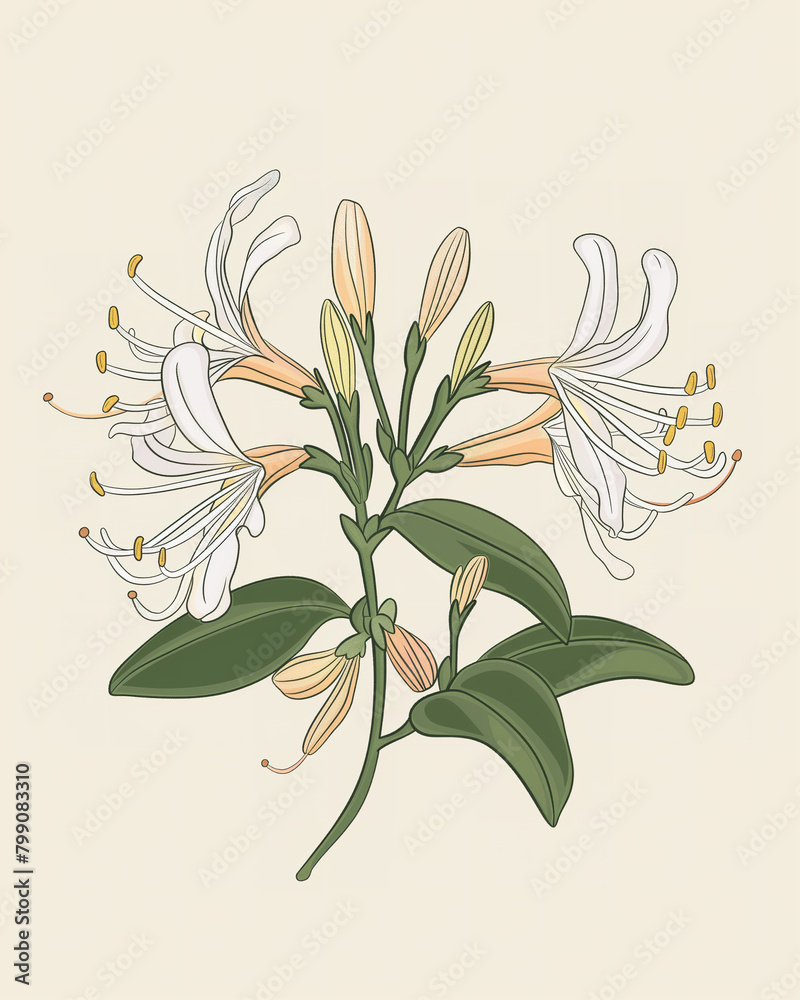 vector illustration of an isolated Honeysuckle, in a beige color ...