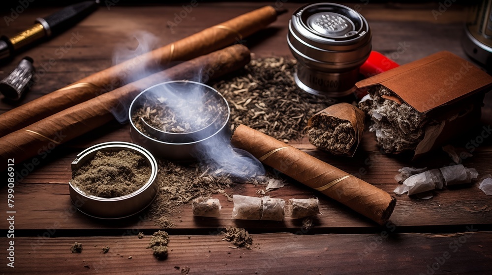 An array of smoking paraphernalia showcased on a classic wooden surface ...