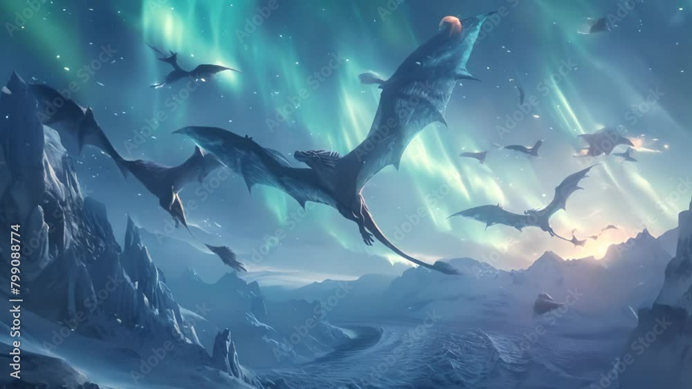 A group of dragons flying in the sky above a snowy landscape. Scene is ...