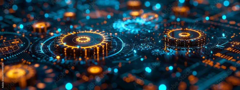 A background composed of interlocking gears, cogs, and financial ...